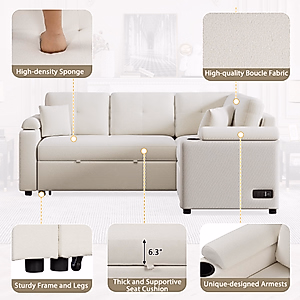 P PURLOVE Sectional Sofa with Pull-Out Sofa Bed, Boucle L-Shape Sleeper Sofa with Wheels, USB Charging Port and Power Sockets, Modern Upholstered Couch for Living Room, Bedroom, Apartment (Beige)