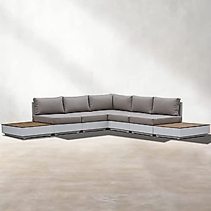 7-Pieces Patio Outdoor Furniture, L Shaped Metal Aluminum Garden Lounge Sofa Set, Outdoor sectional Sofa with Side Table, All Weather Modular Sectional Couch for Garden, Poolside, Porch (White)