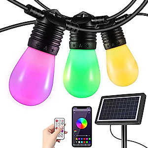 Jevindo Solar Outdoor String Lights, Portable 48ft IP65 Waterproof Patio RGB LED String Lights with 15 LED Bulbs Dimmable Multi-Color, Smart Bluetooth App Control, Balcony, Backyard, Camping, Travel