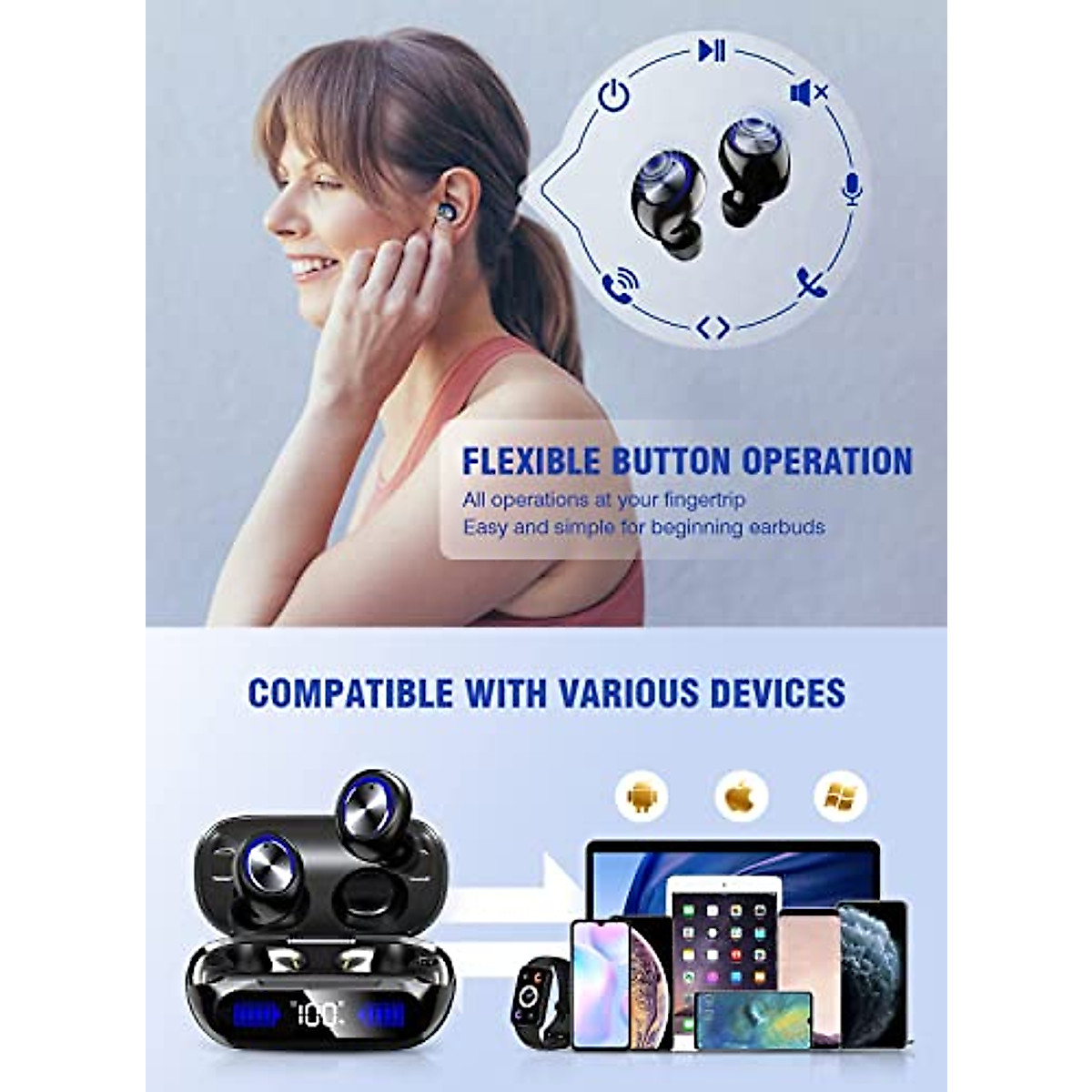 YINPUTENGS Wireless Earbuds Bluetooth 5.3 Headphones Key Control. Headphones 200 Hours Playtime,IPX7Waterproof Stereo in-Ear Built-in Mic,Premium Deep Bass LCD Display,for Sports/Working