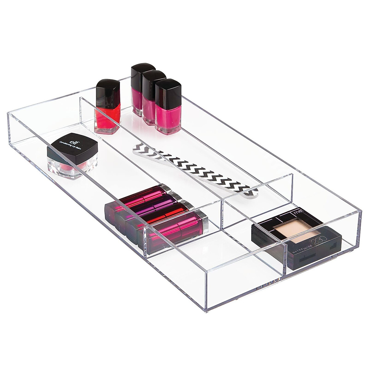 mDesign Plastic Divided Makeup Organizer Holder Tray for Bathroom Drawer, Vanity, Countertop Storage - Cosmetic Organization Holds Palettes, Brushes, Accessories - Lumiere Collection - Clear