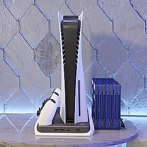 PS5 Cooling Fan Charging Docking Station, 4 in 1 Playstation Stand, Controller Charger, Cool Fan and Games Storage Tray for PS5 Console, Disk and Digital Version (White/Black)…