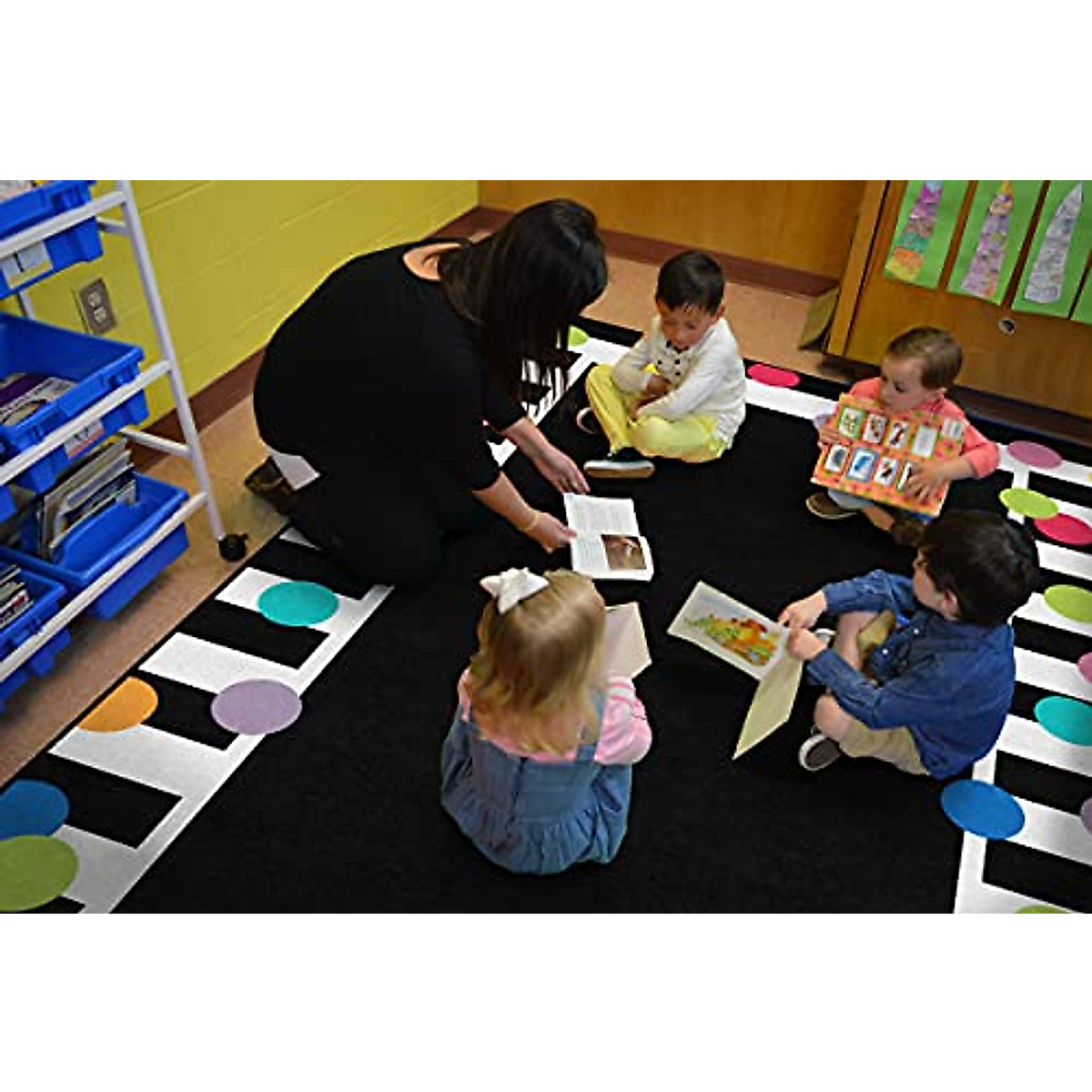 Flagship Carpets Schoolgirl Style Just Teach Bright Polka Dot Border Classroom Area Rug for Indoor Classroom Learning or Kid Bedroom Educational Play Mat, 5'x7'6", Multi