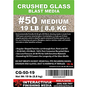 30-60 Grit (#50) Crushed Glass Abrasive - 19 lb or 8.6 kg - Blasting Abrasive Media (Medium) #50 Mesh - 559 to 254 Microns - for Blast Cabinets Or Sand Blasting Guns