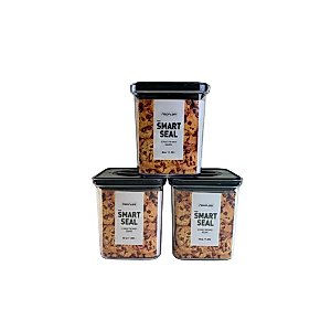 Neoflam Airtight Smart Seal Food Storage Container (Set of 3) | Crystal Clear Body, Matte Black Lid | Modular, Stackable, Nestable Design | Easy to Clean, BPA Free (Square, 1.4L)