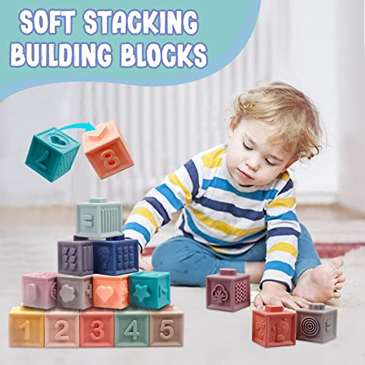 Plunack Montessori Toys for Babies 6-12 Months Soft Baby Toys Set 3 in 1 Stacking Building Blocks Infant Teething Toys Sensory Balls Educational Learning Toys for Toddlers 3-6-9-12 Months Boys Girls