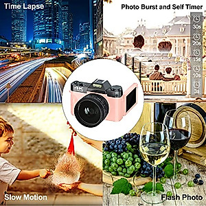 eDealz 4K 48MP Digital Camera Kit for Photography, Vlogging Camera YouTube with Flip Screen, WiFi, Wide Angle & Macro Lens, 64GB Micro SD Card, 50" Tripod, Case, Card Reader, Microphone, LED (Pink)