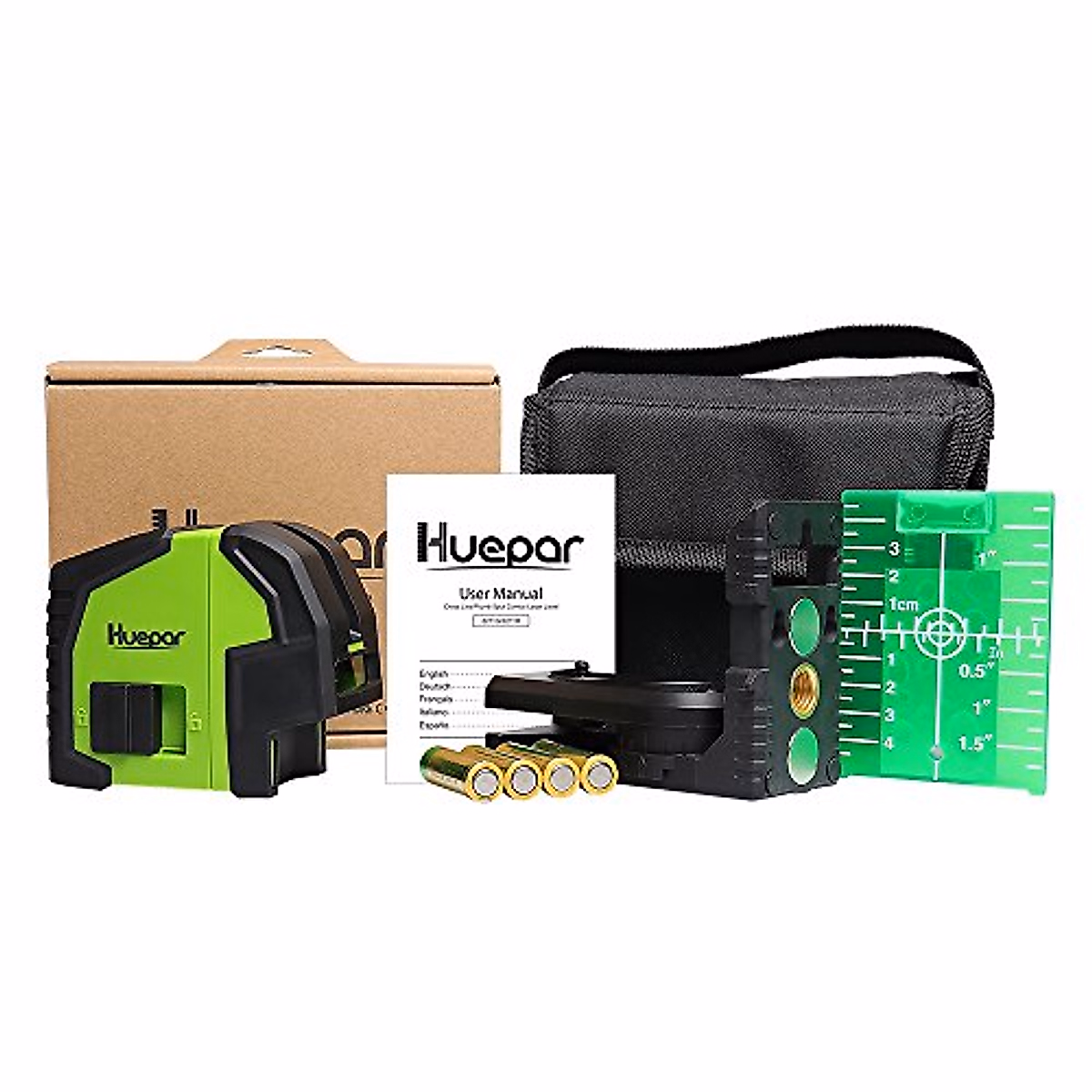 Cross Line Laser Level with 2 Plumb Dots- Huepar 8211G Professional Green Laser Beam Fan Angle of 130° Selectable Vertical & Horizontal Lines, Multi-Use Self-Leveling Alignment Laser Level