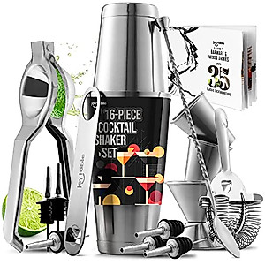 JoyTable Bar Set Cocktail Shaker Set, Stainless Steel Mixology Bartender Kit, 16PC Cocktail Kit, Silver Cocktail Set, Bar Tools: 30oz Martini Shaker, Muddler, Bar Kit Cocktail Book, Jigger and Pourers