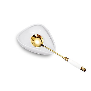 Coffee Spoon Rest with spoon,Mini Coffee Spoon Holder,Small Ceramic Spoon Rest for Coffee Stirrers,Teaspoon,Bar Spoon,Coffee Bar Accessories,(ceramic Coffee Spoon Rest & White Handle Gold Round Spoon)