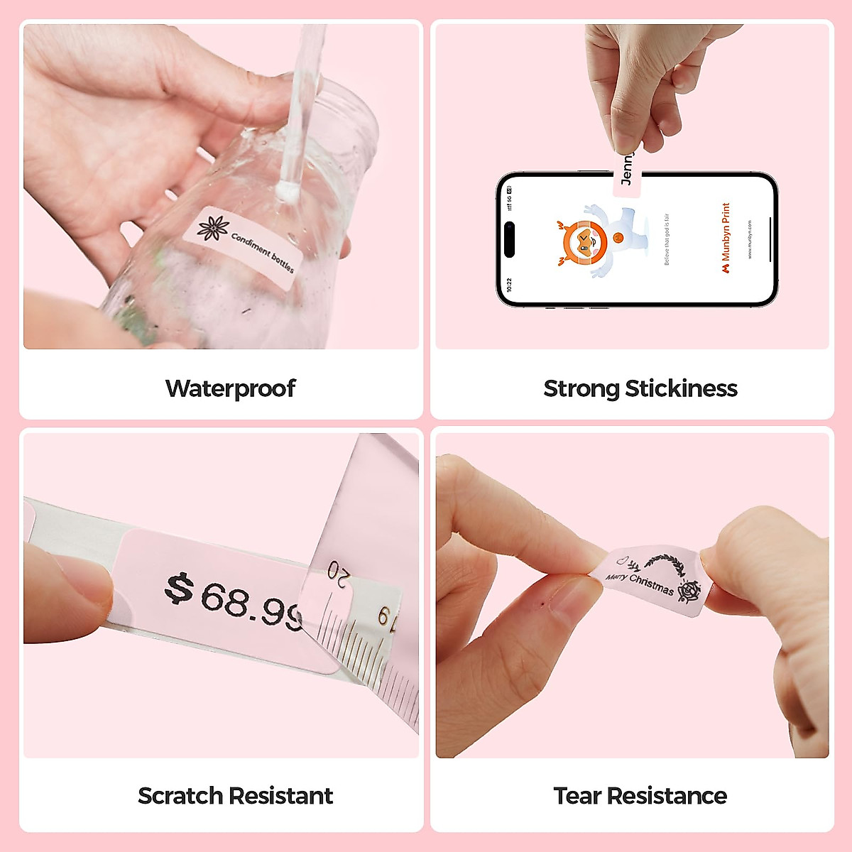 MUNBYN Thermal Tapes for Bear Penguin Label Maker Machine, 15 x 30mm 170 Labels/Roll Self-Adhesive Sticker for Home School Office Organization (Pink)