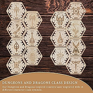 D&D Class Coasters Set of 14 with Holder Hexagon Gaming Mug Mats Wooden Laser Engraved DND Classes Icons Gift for Dungeons and Dragons Fans, Game Master