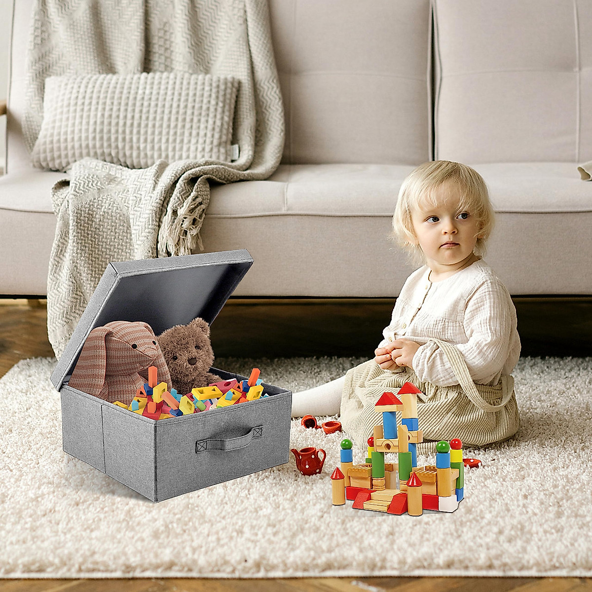 Augfox 2Pcs Fabric Storage Bins with LId - Collapsible Storage Bins with Lids, Sturdy Closet Storage Bins, Multipurpose Lidded Storage Bins for Room Storage (Grey, 14.2" L x 12.6" W x 6.3" H)