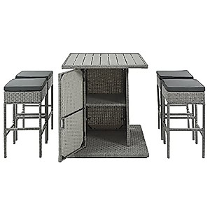 KELRIA Patio Bar Counter Height Bistro, Outdoor 5-Piece PE Rattan Dining Set,All-Weather Wicker Square Kitchen Table with Storage Shelf and 4 Padded Stools for Backyard,Porch,Gray