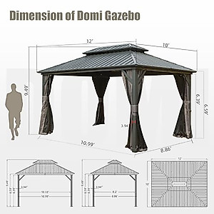 Domi 10’ X 12’ Hardtop Gazebo Canopy with Netting & Curtains, Outdoor Aluminum Gazebo with Galvanized Steel Double Roof for Patio Lawn and Garden, Gray