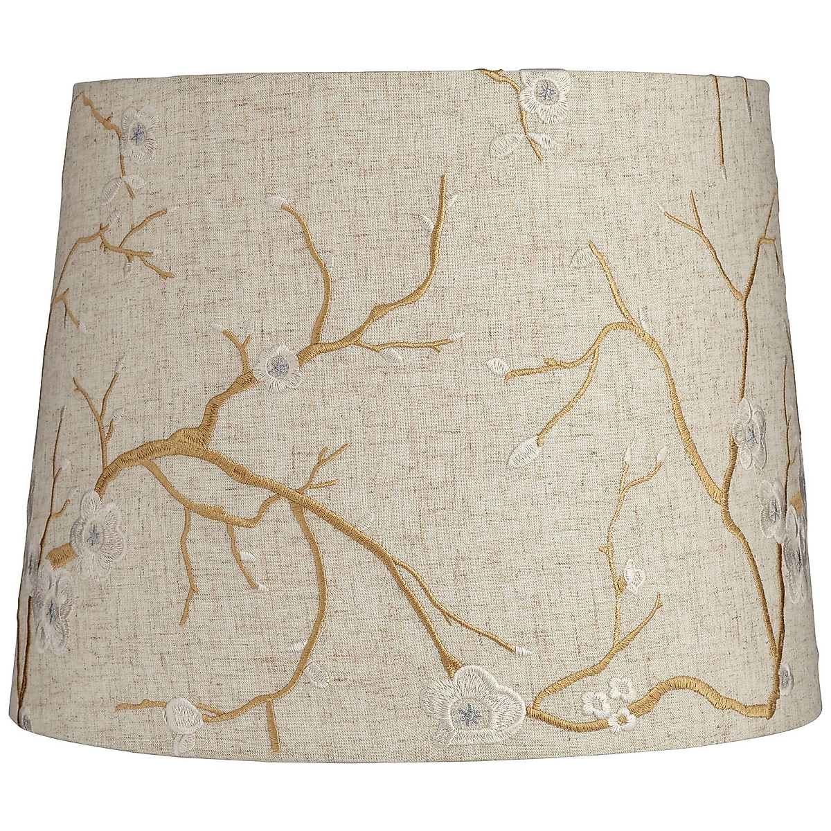 Beige Plum Flower Embroidery Medium Drum Lamp Shade 12" Top x 14" Bottom x 11" Slant (Spider) Replacement with Harp and Finial - Springcrest