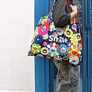 FORZEN Reusable Bags Cute Fashion Shopping Bags Large Grocery Bags with Pouch for Women Girl Heavy Duty Lightweight Washable Foldable Durable Smile Flower(1PC)