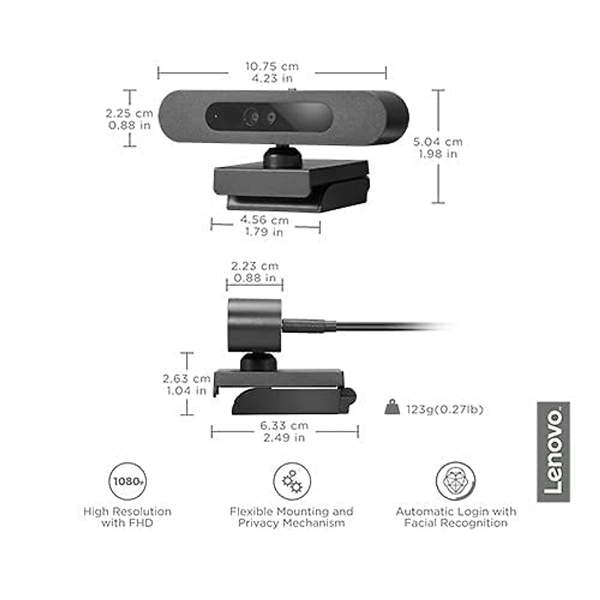 Lenovo 500 FHD Webcam, 1080p, Teleconferencing Video Camera for Desktop & Laptop PCs, Windows Hello, Digital Zoom, Wide-Angle Tilt/Pan, Privacy Shutter, USB-C, GXC0X89769, Black