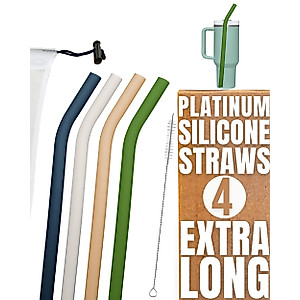 purifyou Reusable Silicone Straws - Extra Long & Wide (14.5 inch), Set of 5 with Silicone Tips, Portable Travel Case, & Cleaning Brush - Compatible with 40oz Stanley Cups & Tumblers