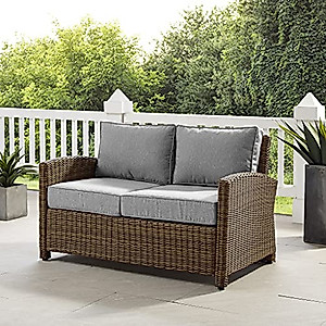 Crosley Furniture Bradenton Wicker Outdoor Loveseat, 2-Person Patio Couch for Porch, Deck, Backyard, Brown with Gray Cushions