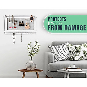 Comfify Rustic Jewelry Organizer - Wall Mounted Jewelry Holder w/Removable Bracelet Rod, Shelf & 16 Hooks - Perfect Earrings, Necklaces & Bracelets Holder - Pure White