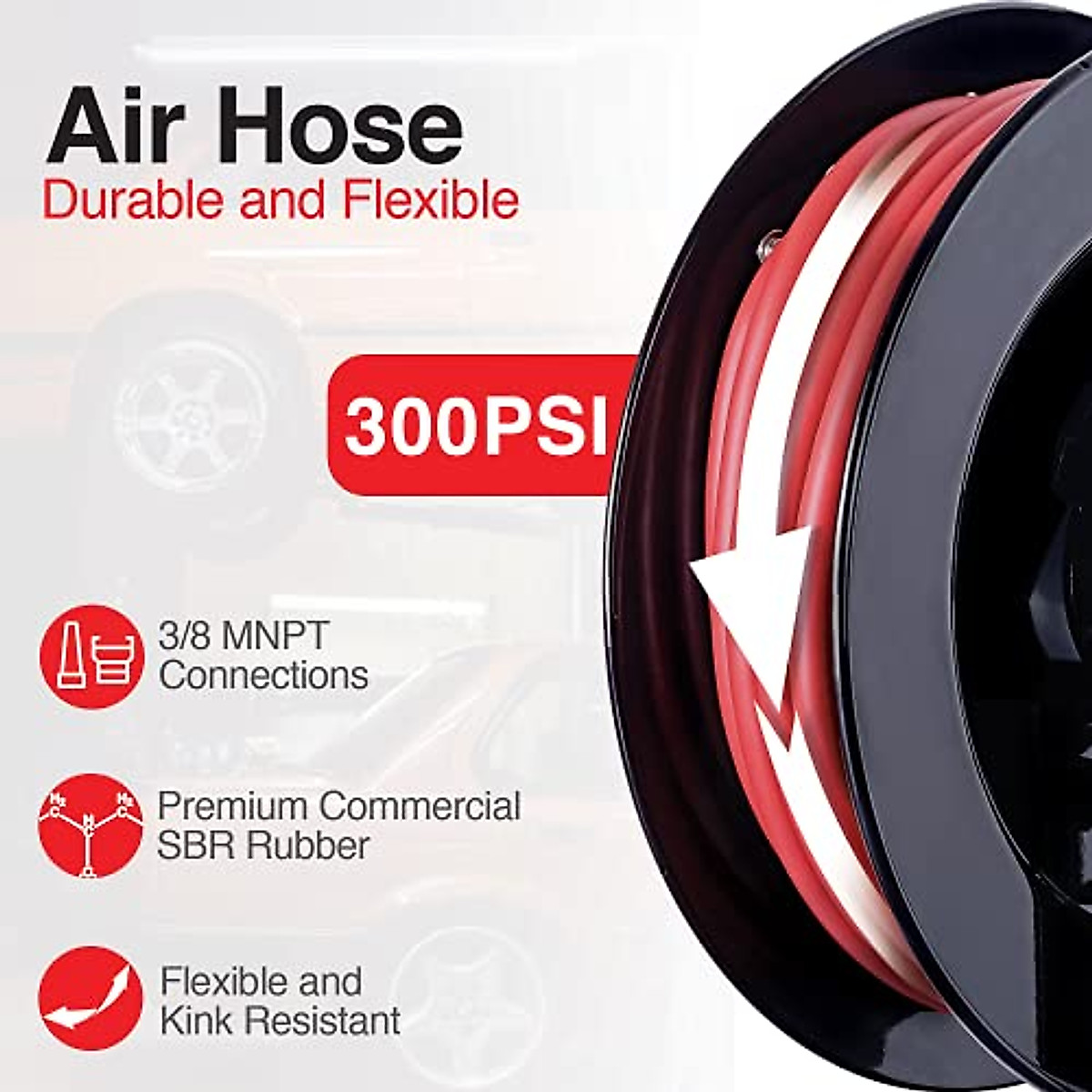 ReelWorks Air Hose Reel 3/8" Inch x 50' Foot SBR Rubber Hose Max 300PSI Commercial Steel Construction