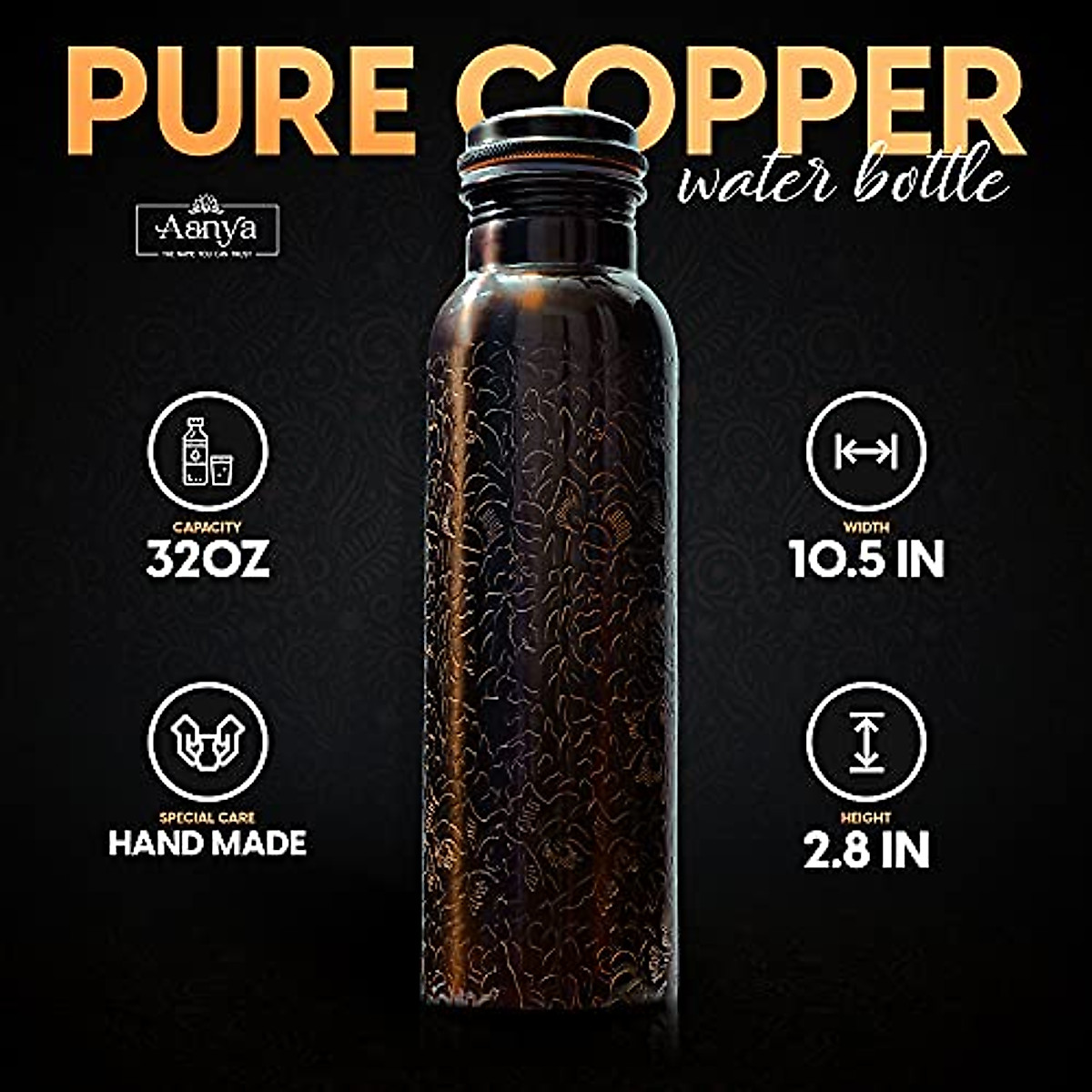 Aanya Pure Copper Water Bottle - 32 Oz Ayurvedic Copper Vessel with Engraved Design & Smooth Finish - Premium Copper Flask with Leak Proof Design & Silicone Ring Cap (Black & Brown Shade)