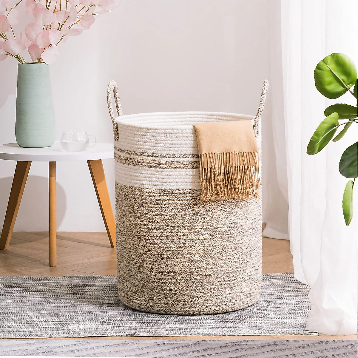 YOUDENOVA Woven Rope Laundry Hamper with Handles, 41L Laundry Basket for Blanket Storage, Heavy Duty Clothes Hamper for Bedroom-16 x 14 x 14 Inches-Brown