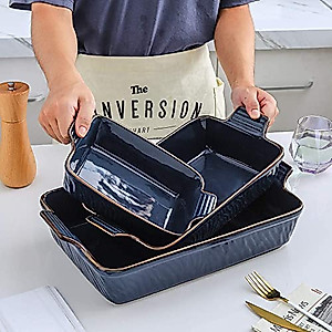 KOOV Bakeware Set, Ceramic Baking Dish, Rectangular Lasagna Pans for Cooking, Cake Dinner, Kitchen, 9 x 13 Inches, Texture Series 3-Piece (3 Piece, Aegean)