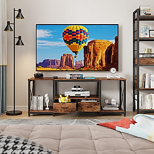 GYIIYUO TV Stand with Fabric Drawers for 65 70 75 Inches TV - Entertainment Center and Industrial TV Console Table with Open Storage Shelves for Living Room, Bedroom - 63" Rustic Brown