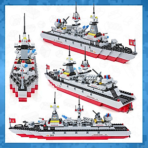 WishaLife City War Military Battleship Toy Building Blocks Set, with Army Truck Toys, Car Toys, Boat Toy, Airplane Toy, Helicopter Toy, WW2 Construction Toys Gift for Kids Boys Girls Aged 6 Plus