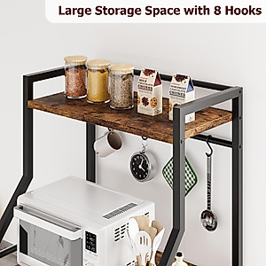 IDEALHOUSE Kitchen Bakers Rack, Microwave Oven Stand with Large Wire Basket, Industrial Coffee Bar Station, 4-Tier Kitchen Utility Storage Shelf with 8 Hooks for Spice, Pots Organizer, Rustic Brown