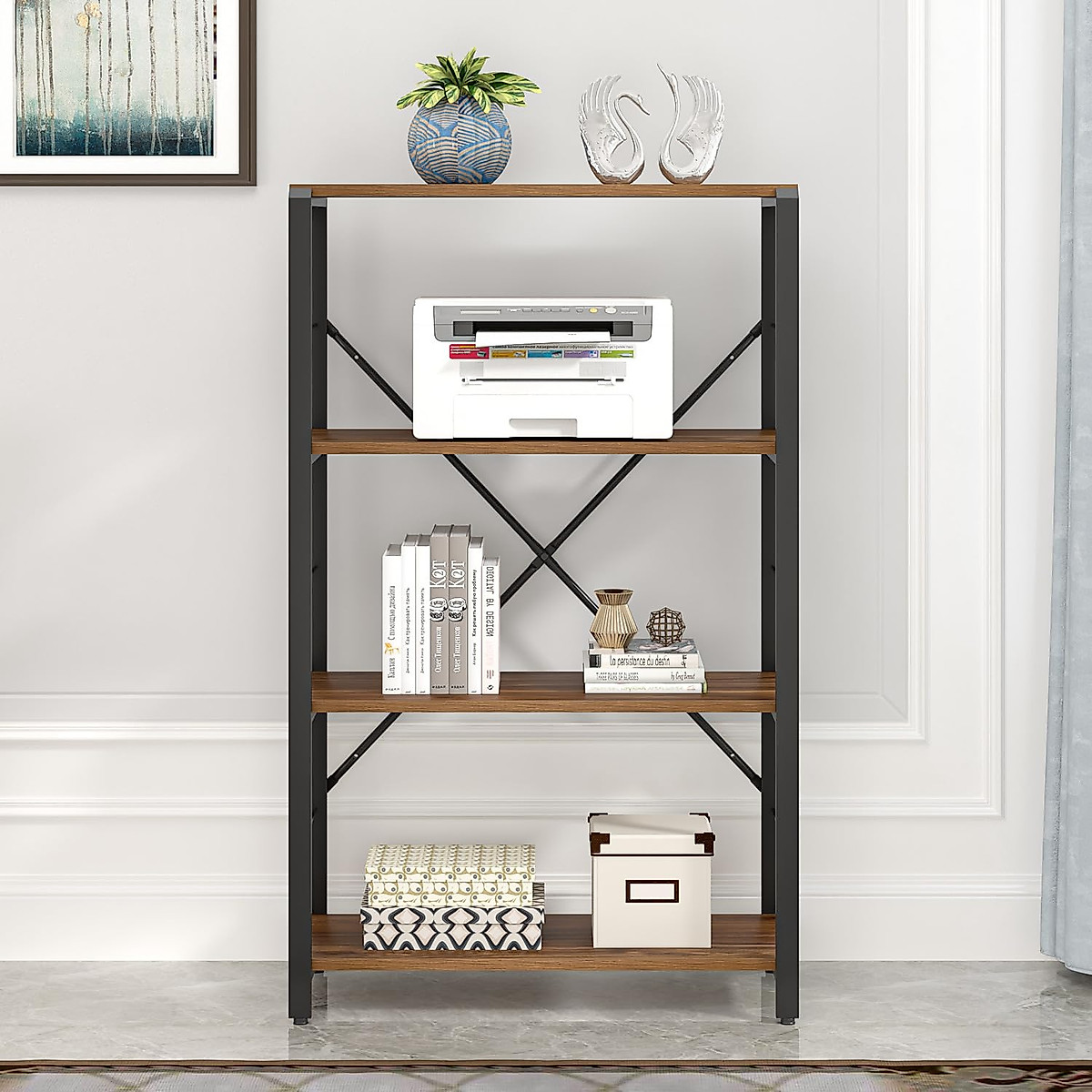 FOLUBAN Modern Bookshelf, 4 Tier Open Display Storage Book Shelf Organizer, Industrial Metal and Wood Bookshelves and Bookcases for Living Room Bedroom Office, Rustic Walnut