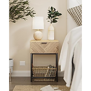 Masupu Nightstand,Bedside Tables with Storage Drawer,Tall Nightstand with Herringbone Pattern,Bedside Furniture,Small Side Table for Small Spaces, Bedroom, Living Room, Rustic Oak