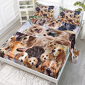 CVHouse 3D Dogs Bed Sheets Sets Full Size,3D Dog Bedding Sets for Kids Teens,Animal Theme Dogs Fitted Sheet Sets,1 Flat Sheet & 1 Fitted Sheet with 2 Pillow Cases - 4 Pieces