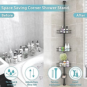 Tension Shower Caddy , Stainless Steel Corner Shower Caddy with Pole Storage Organizer with Rustproof Tension Pole for Bathroom Bathtub Shampoo Soap Plants, 4 Tier Adjustable Shelves, 54 to 125 Inch