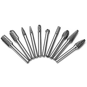 Carbide Burrs Set with 1/4''Shank Double Cut Solid Power Tools Tungsten Carbide Rotary Files Bits for Die Grinder Metal Wood Carving Engraving Polishing Drilling Grinding Milling Cutting 10pcs