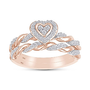 Wishrocks 1/5 Carat Round Cut White Natural Diamond Heart Shape Frame Twist Bridal Ring Set in 14k Rose Gold Over Sterling Silver (0.20 Cttw, Color- I-J, Clarity- I2) Ring Size- 8.5