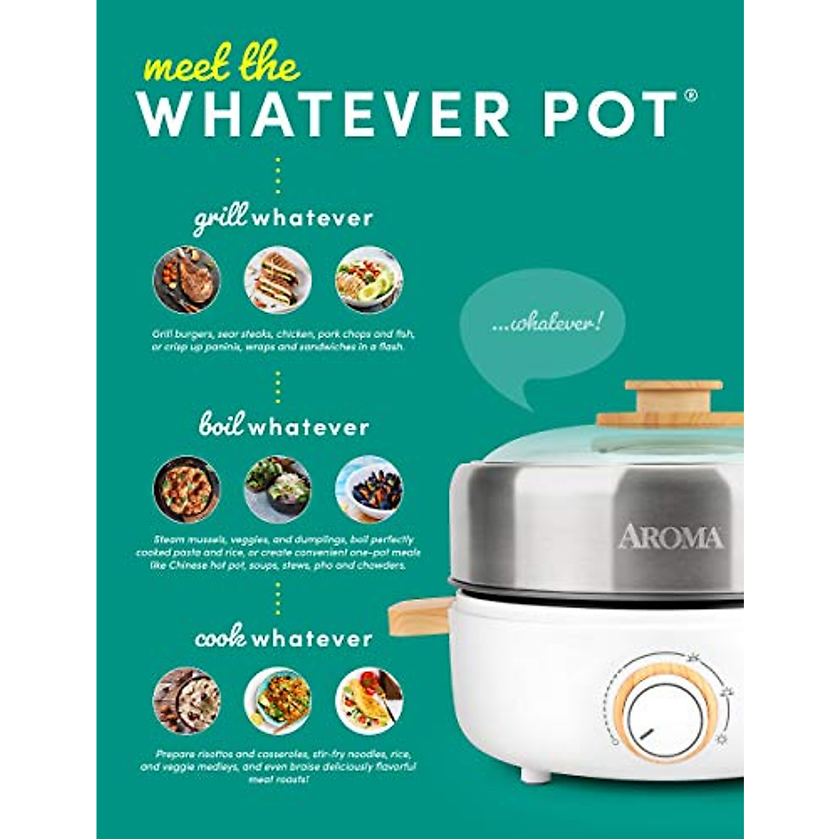 Aroma Housewares AMC-130 Whatever Pot, Indoor Grill, Cooking, Hot Pot with Glass Lid, Bamboo Handles, 2.5L, Stainless Steel/White