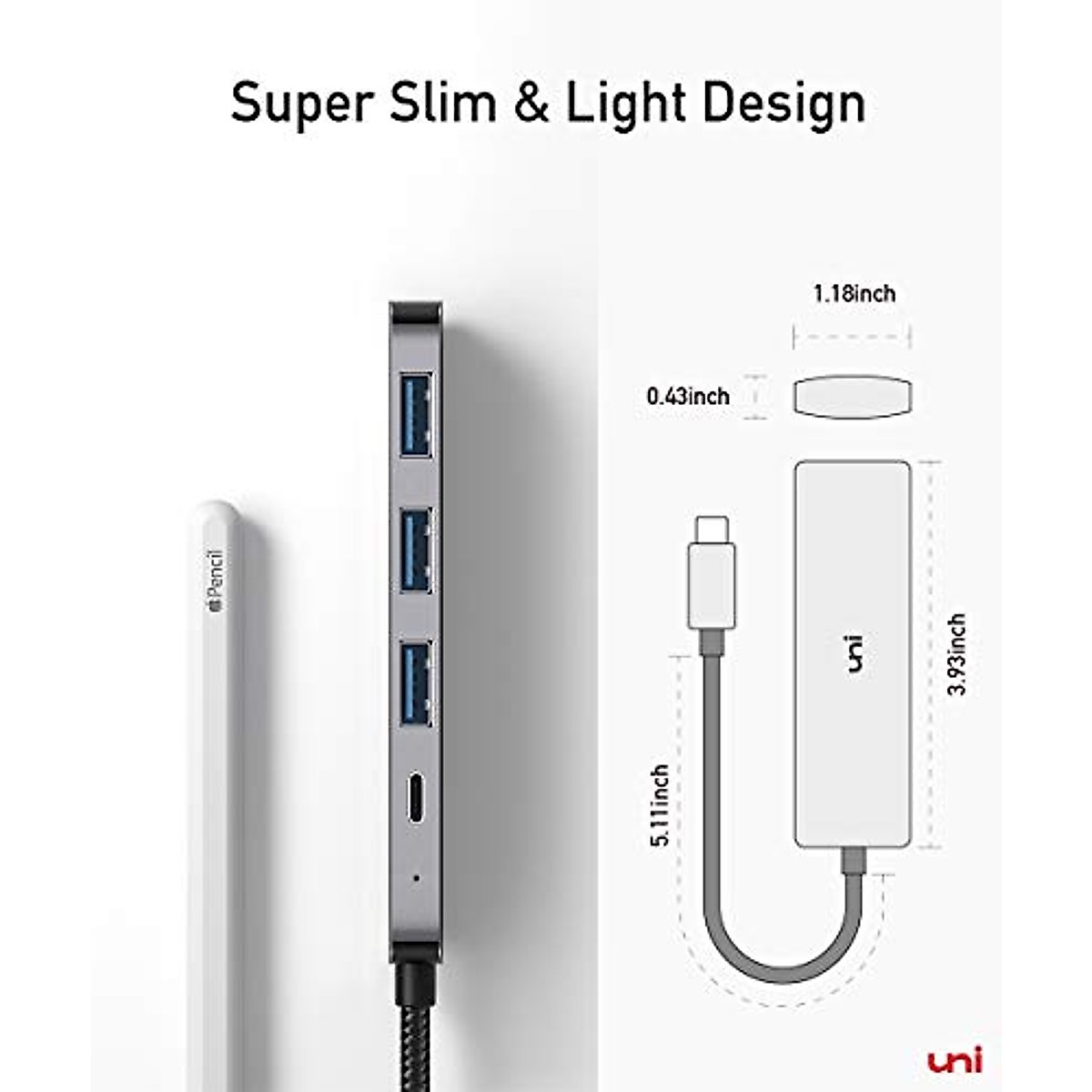 USB C to USB Hub with 100W PD, uni (Slim& Aluminum& Nylon) USB Type C to USB Adapter with Hight Speed 3*USB 3.0, USB-C Power Delivery, Thunderbolt 3 Compatible with MacBook Pro, XPS, Pixelbook