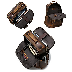 LANNSYNE Men's Vintage Full Grain Leather Backpack for 16" Laptop Travel Hiking Camping Rucksack