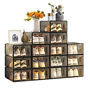 AISNDYOG Shoe Storage Box, 15 Pack Large Clear Plastic Black Stackable Shoe Organizer for Closet, Space Saving Foldable Shoe rack,Substitute for Drawer Organize Unit