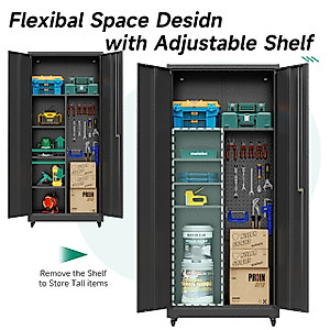 Metal Garage Storage Cabinet with Wheels,Rolling Tool Storage Cabinet with Lock,Steel Locking Cabinet with Locking Doors and Adjustable Shelves,Tall Storage Cabinet for Office Home,Garage,Shop-Black