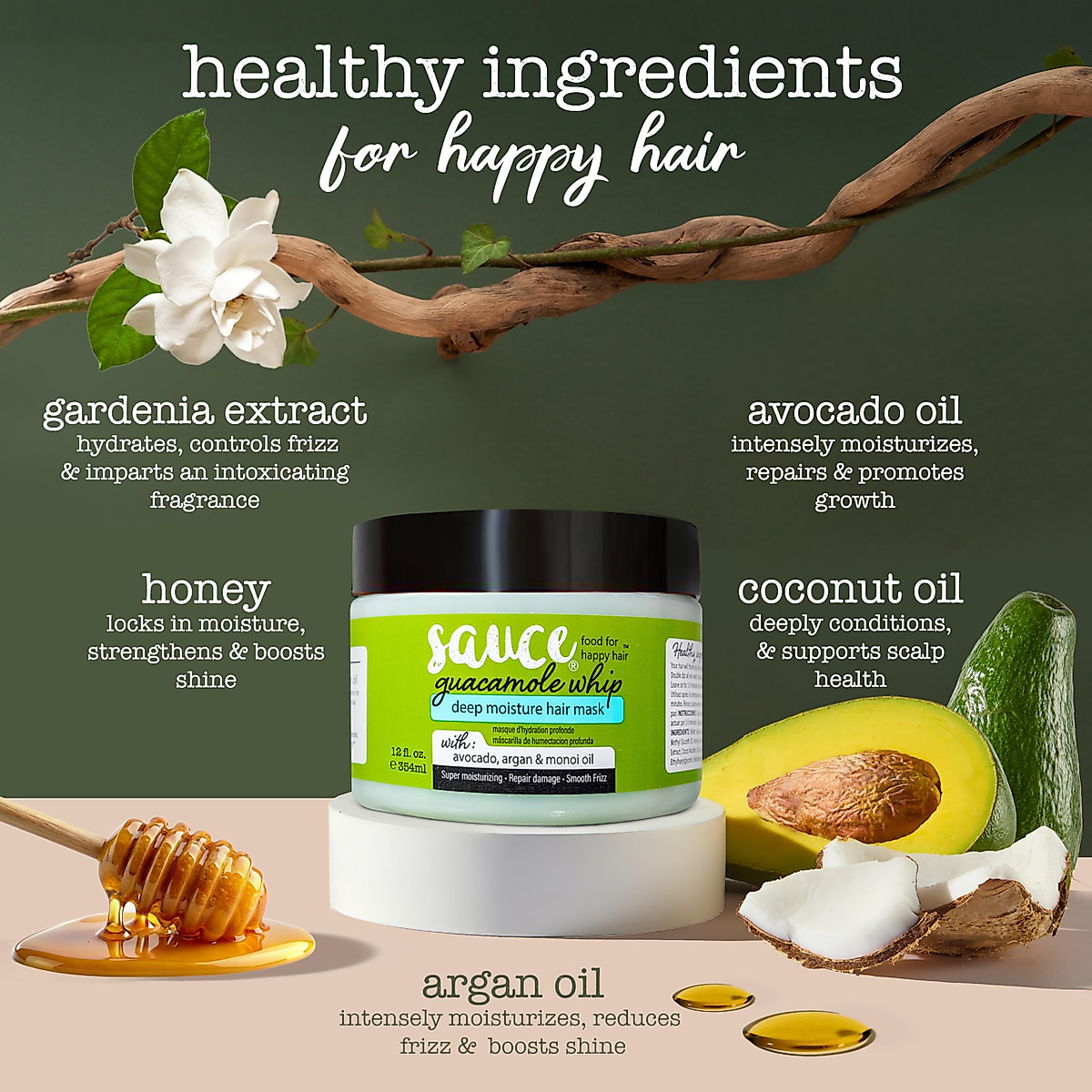 SAUCE BEAUTY Deep Conditioning Hair Mask (12 Fl Oz) Guacamole Whip Hair Mask for Damaged Hair & Frizz Control with Avocado, Honey, Monoi & Argan Oil, All Hair Types