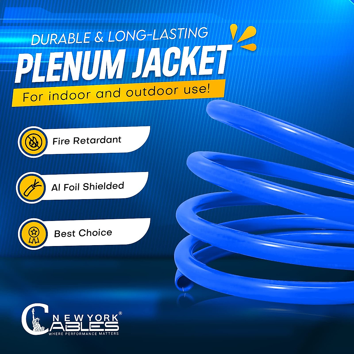 NewYork Cables Cat6 Shielded Plenum Cable 1000FT - 100% Solid Bare Copper Conductors - PoE++ Support, 23 AWG, 550MHz Overall Foil Shield (F/UTP) - Boost Your Networking & Gaming with 10GB High Speed