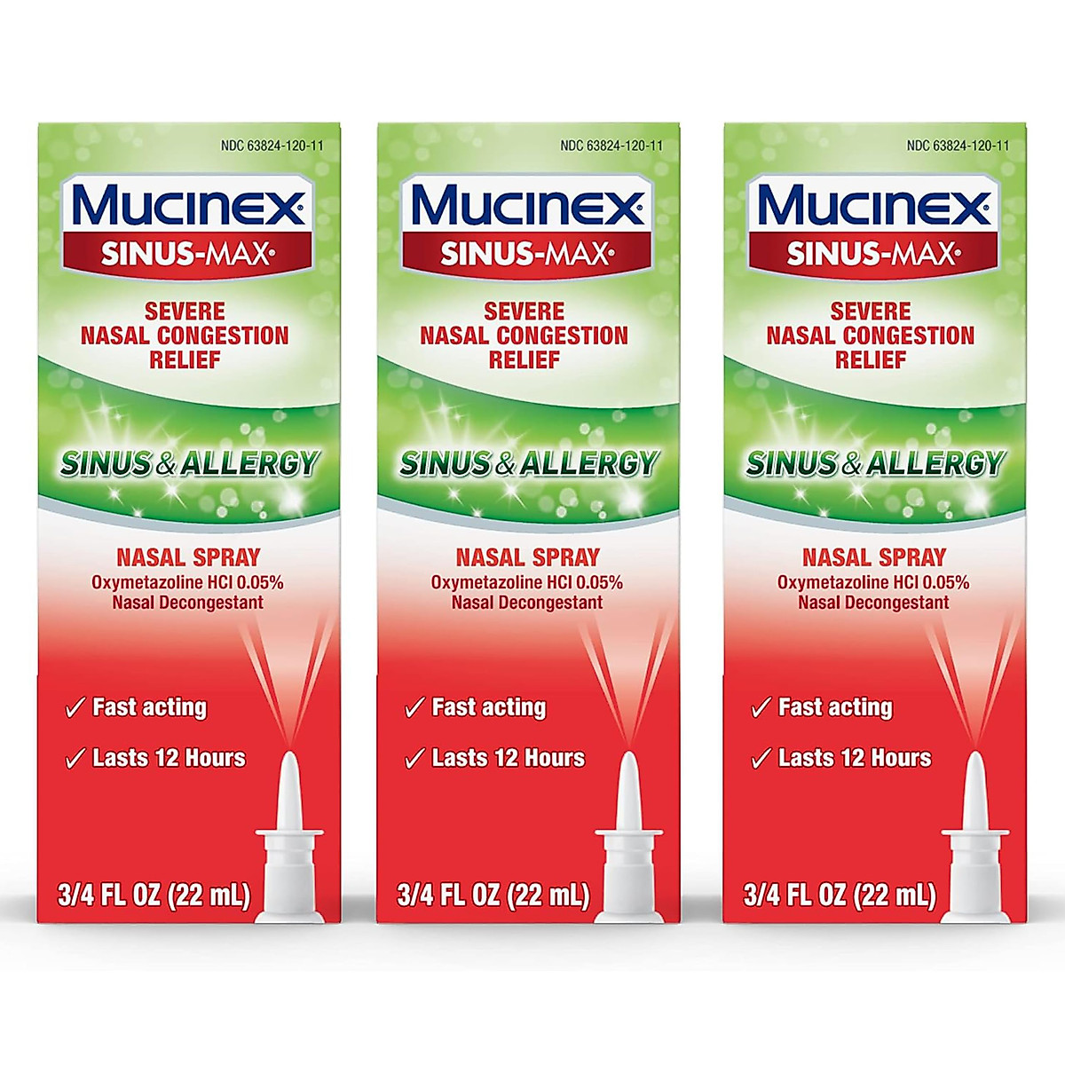 Mucinex Sinus-Max Nasal Spray for Sinus & Allergy, Fast-Acting & Fragrance Free, 12 Hour Severe Nasal Congestion Relief, 0.75 Fl Oz (Pack of 3)
