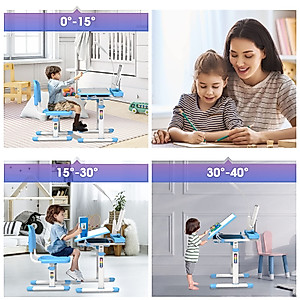 BELANITAS Kids Desk and Chair Set 10-12 Years Old Height Adjustable School Desk,Ergonomic Student Table for Kids with Tilt-able Desktop,Kids Study Desk for Go Back School Gift Blue