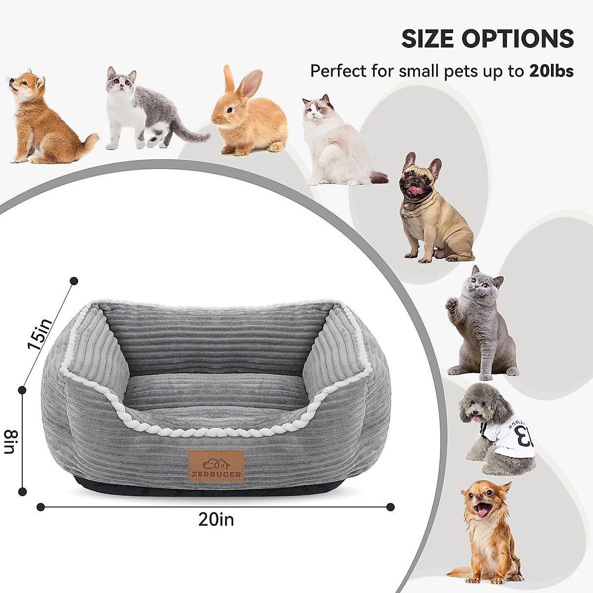 Cat Dog Bed for Pets, Rectangle Pet Bed Gift for Puppy and Kitten, Machine Washable Calming Fluffy Pet Couch Sofa for Indoor Outdoor, Portable Soft Cat Bed with Non-Slip Bottom (Small, Grey)