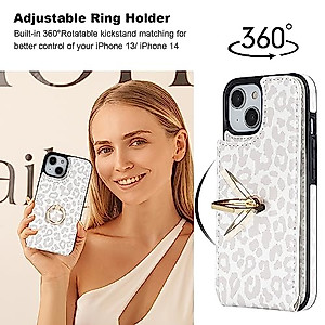HAOPINSH for iPhone 13/ iPhone 14 Wallet Case with Card Holder, 360°Rotation Ring Kickstand, White Leopard Cheetah Pattern, RFID Blocking Leather for Girls Women, Double Buttons Flip Protective 6.1"