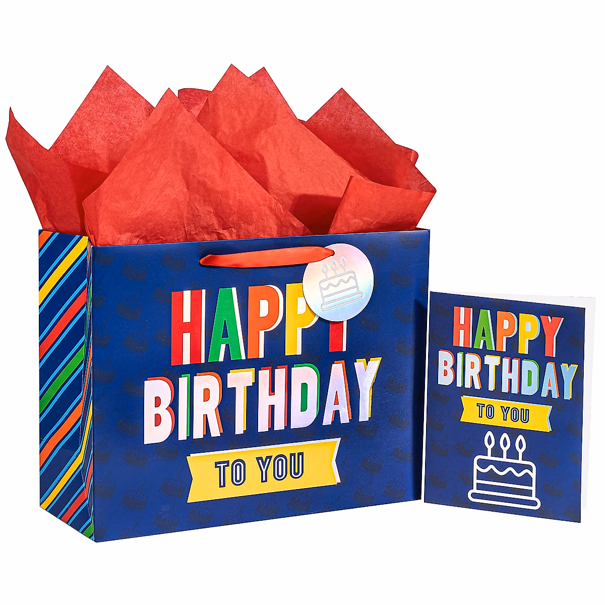 WRAPAHOLIC 13" Large Gift Bag with Card and Tissue Paper - Colorful Happy Birthday with Holographic Silver Foil